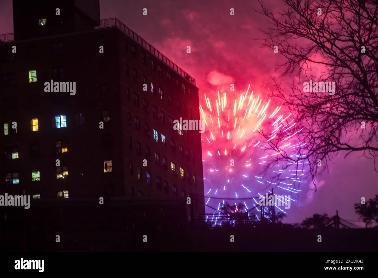 Macy’s Fourth of July Fireworks display seen behind the Elliot Houses ...