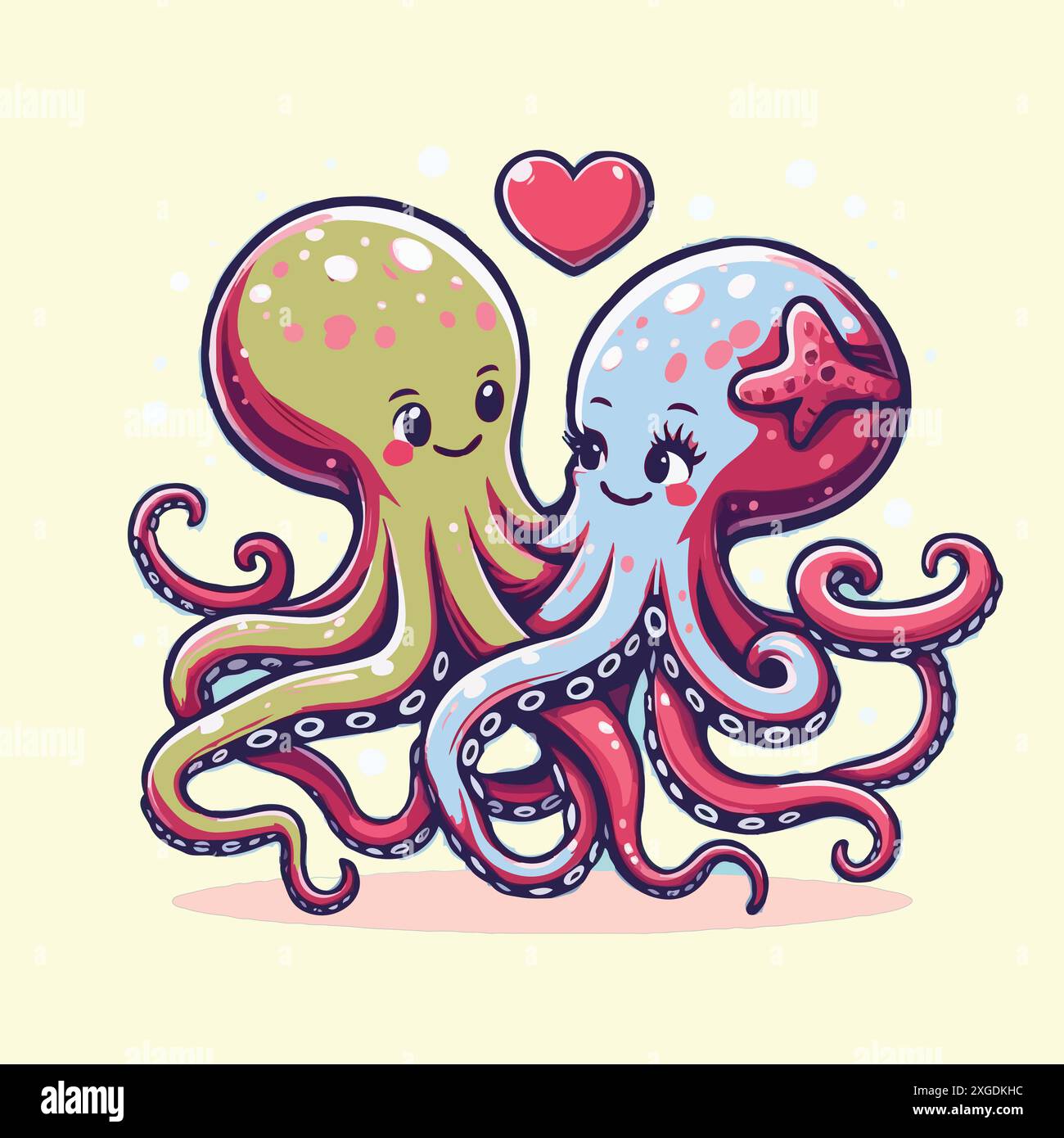 Cute couple of octopuses with heart. Valentines card with funny ...