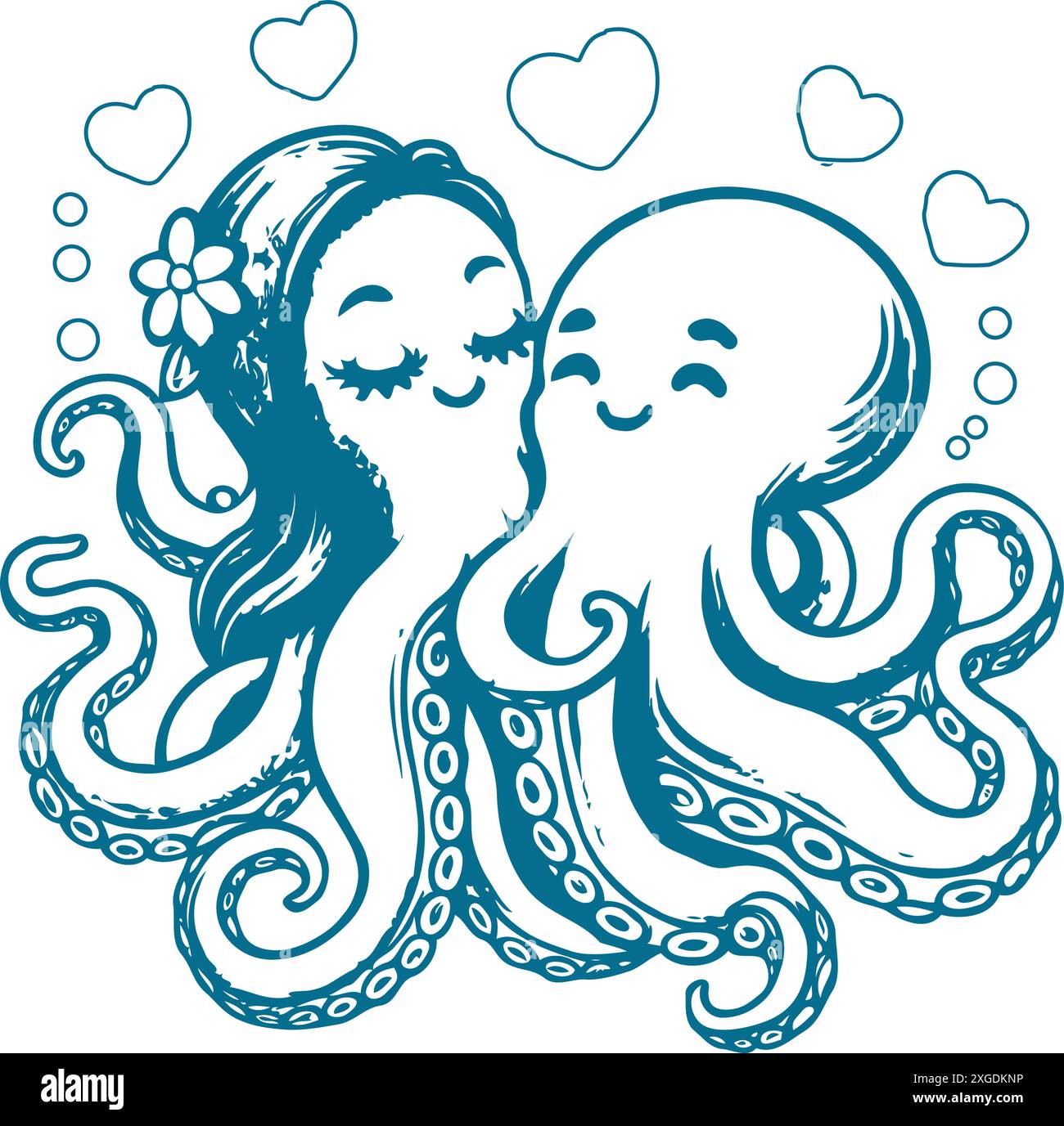 Cute couple of octopuses with heart. Valentines card with funny ...