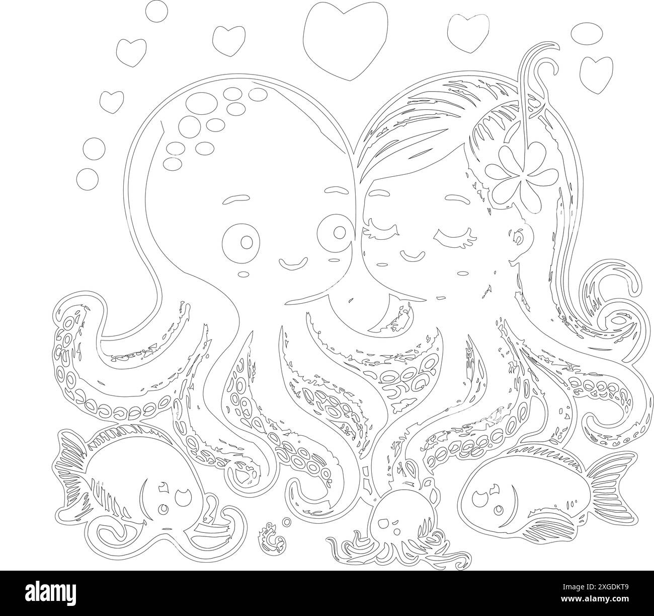 Cute couple of octopuses with heart. Valentines card with funny ...