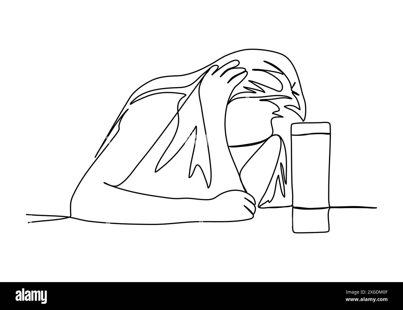 Drunk woman sitting at a table, one line drawing vector illustration ...