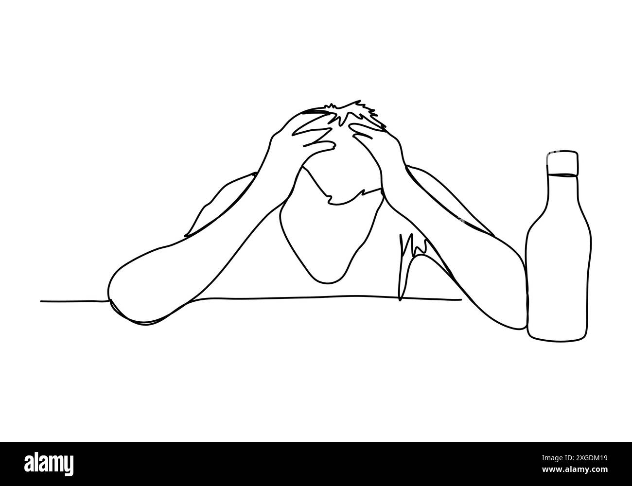 Drunk man sitting at a table, one line drawing vector illustration ...