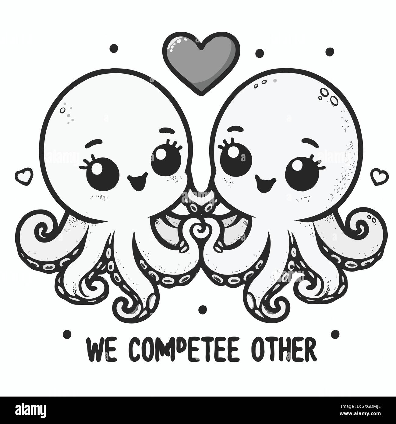 Cute couple of octopuses with heart. Valentines card with funny ...
