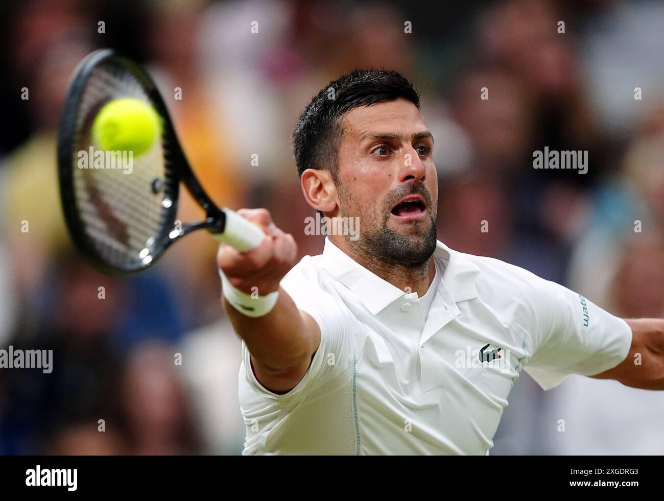 Novak Djokovic in action against Holger Rune on day eight of the 2024 Wimbledon Championships at ...