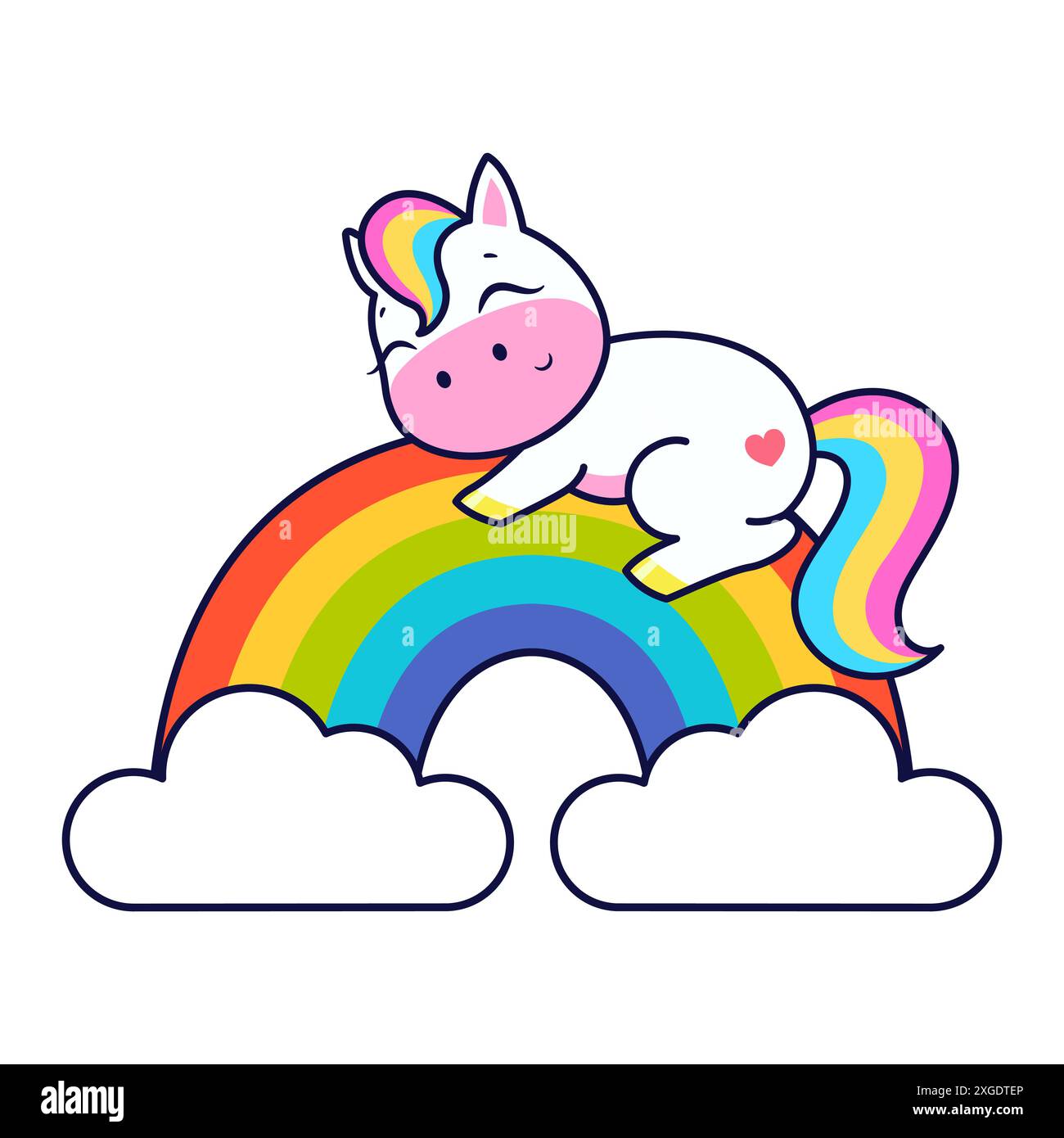 Adorable cartoon unicorn sleeps on rainbow. Vector illustration Stock ...