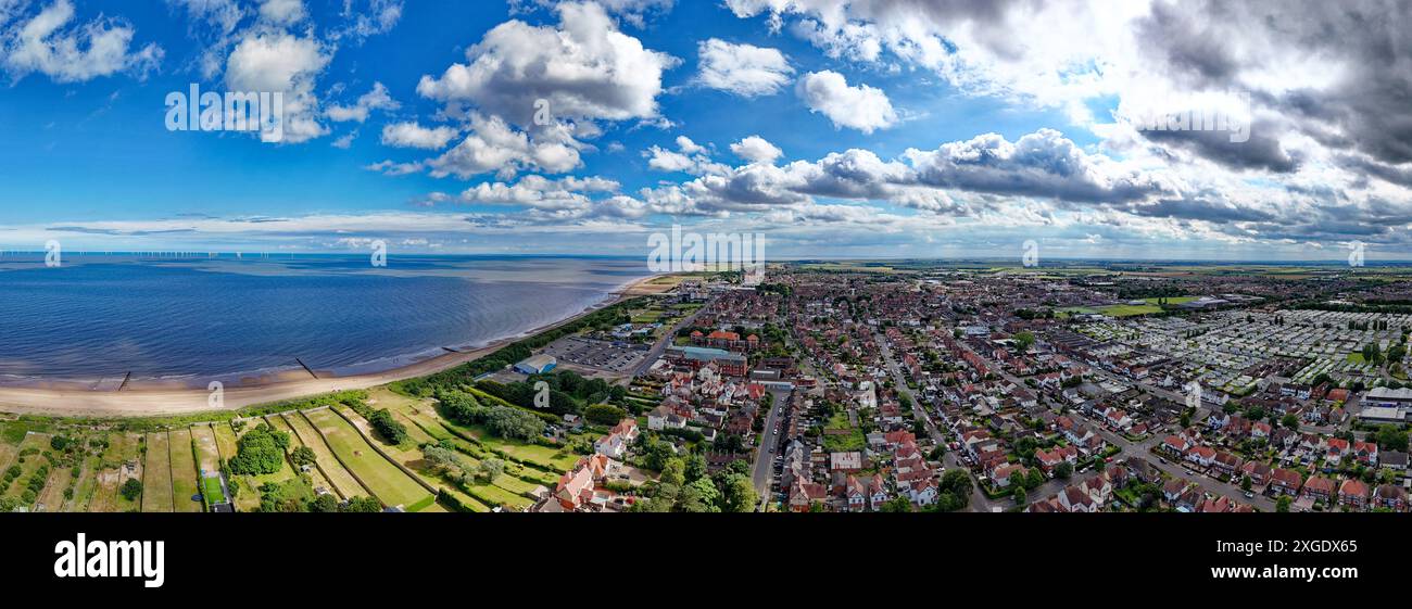 Sunset Aerial Panoramic View of the UK Seaside Skegness, a busy tourist ...