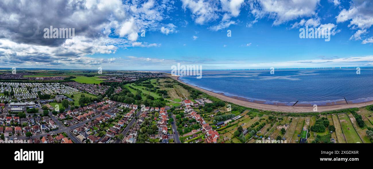 Sunset Aerial Panoramic View of the UK Seaside Skegness, a busy tourist ...