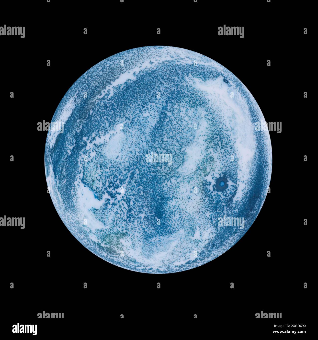 illustration of blue imaginary planet with white cyclones over black ...