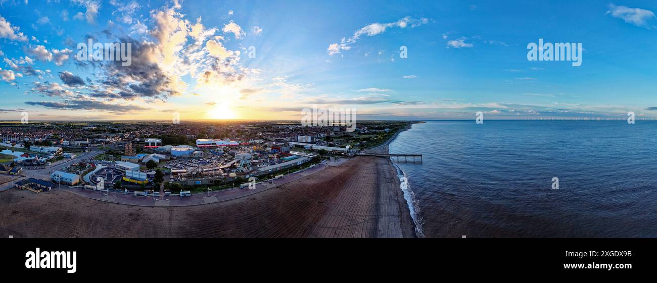 Sunset Aerial Panoramic View of the UK Seaside Skegness, a busy tourist ...
