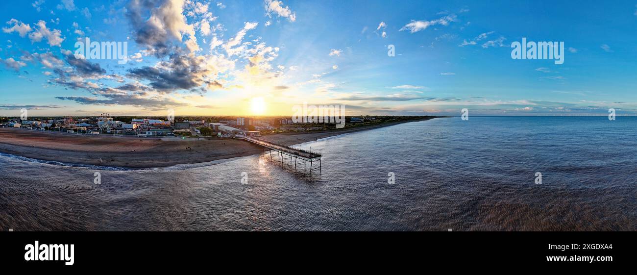 Sunset Aerial Panoramic View of the UK Seaside Skegness, a busy tourist ...