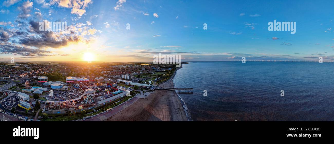 Sunset Aerial Panoramic View of the UK Seaside Skegness, a busy tourist ...