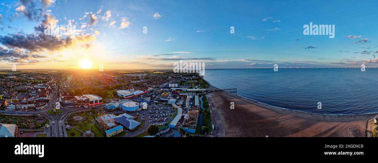 Sunset Aerial Panoramic View of the UK Seaside Skegness, a busy tourist ...