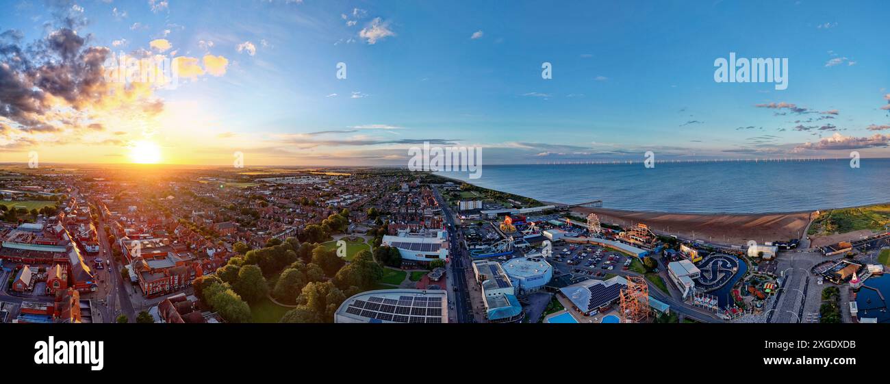 Sunset Aerial Panoramic View of the UK Seaside Skegness, a busy tourist ...
