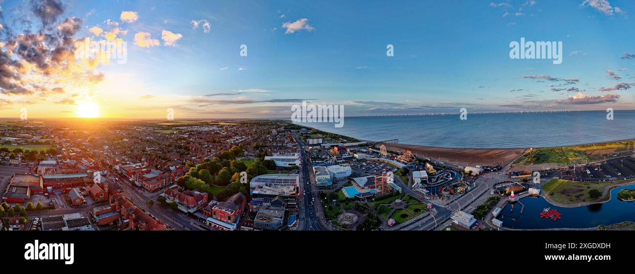 Sunset Aerial Panoramic View of the UK Seaside Skegness, a busy tourist ...