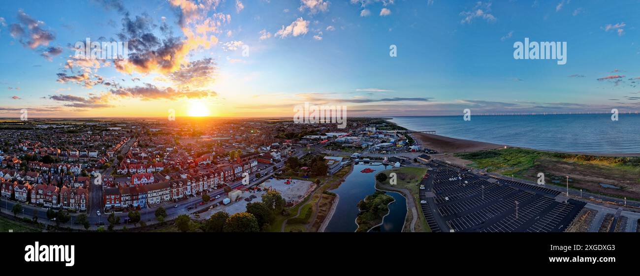 Sunset Aerial Panoramic View of the UK Seaside Skegness, a busy tourist ...