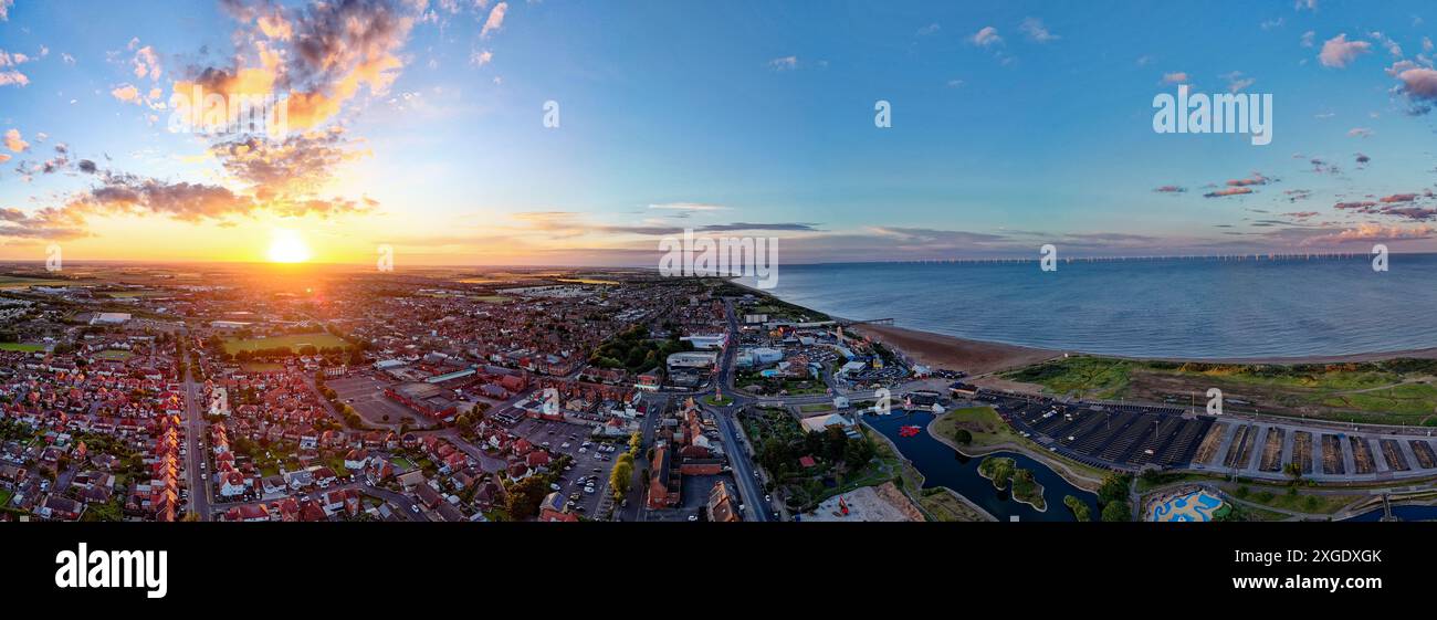 Sunset Aerial Panoramic View of the UK Seaside Skegness, a busy tourist ...