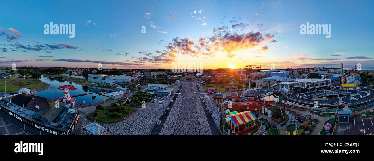Sunset Aerial Panoramic View of the UK Seaside Skegness, a busy tourist ...