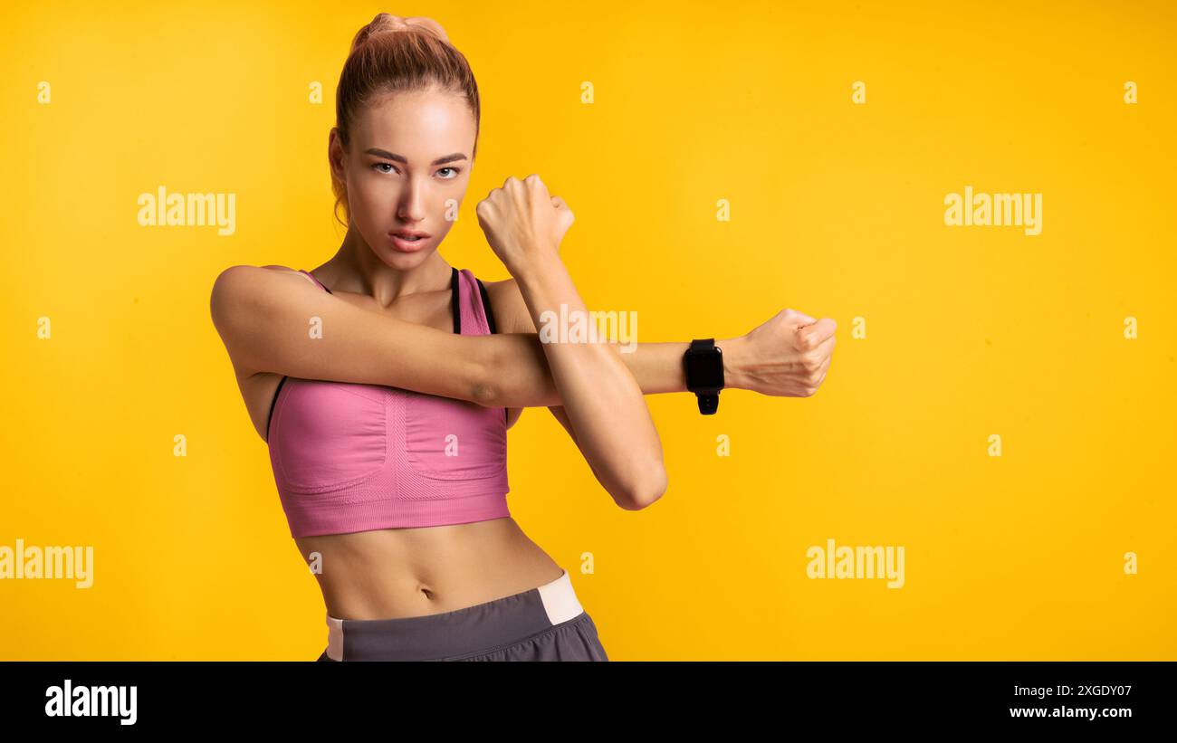 Fitness Woman Doing Arm Stretch Exercise Over Pink Background, Panorama ...