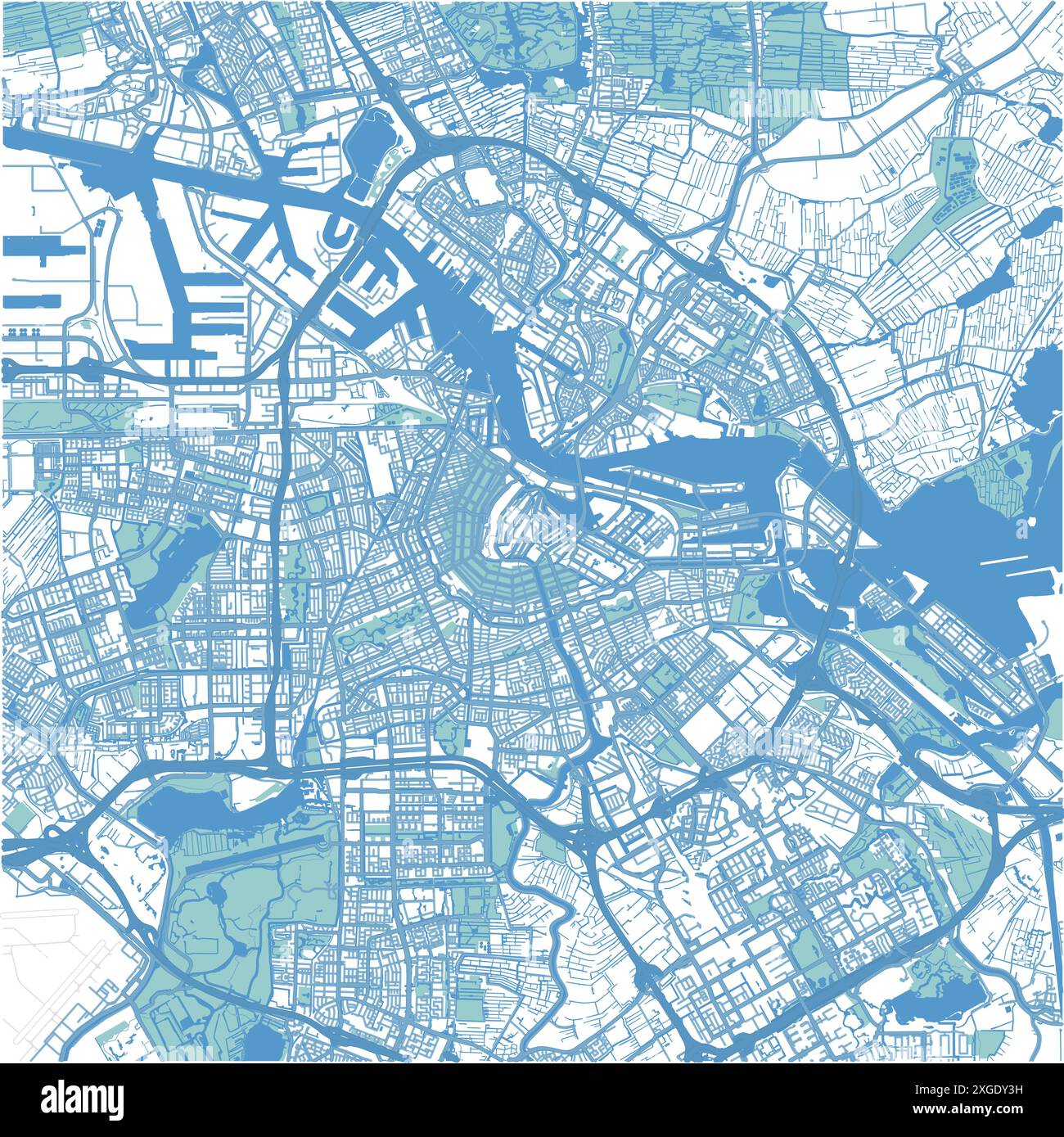 Map of Amsterdam in Netherlands in blue style. Contains layered vector with roads water, parks ...