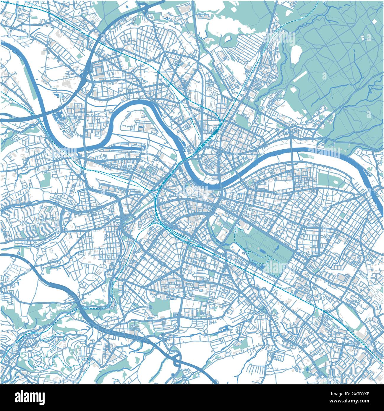 Map of Dresden in Germany in blue style. Contains layered vector with roads water, parks, etc ...