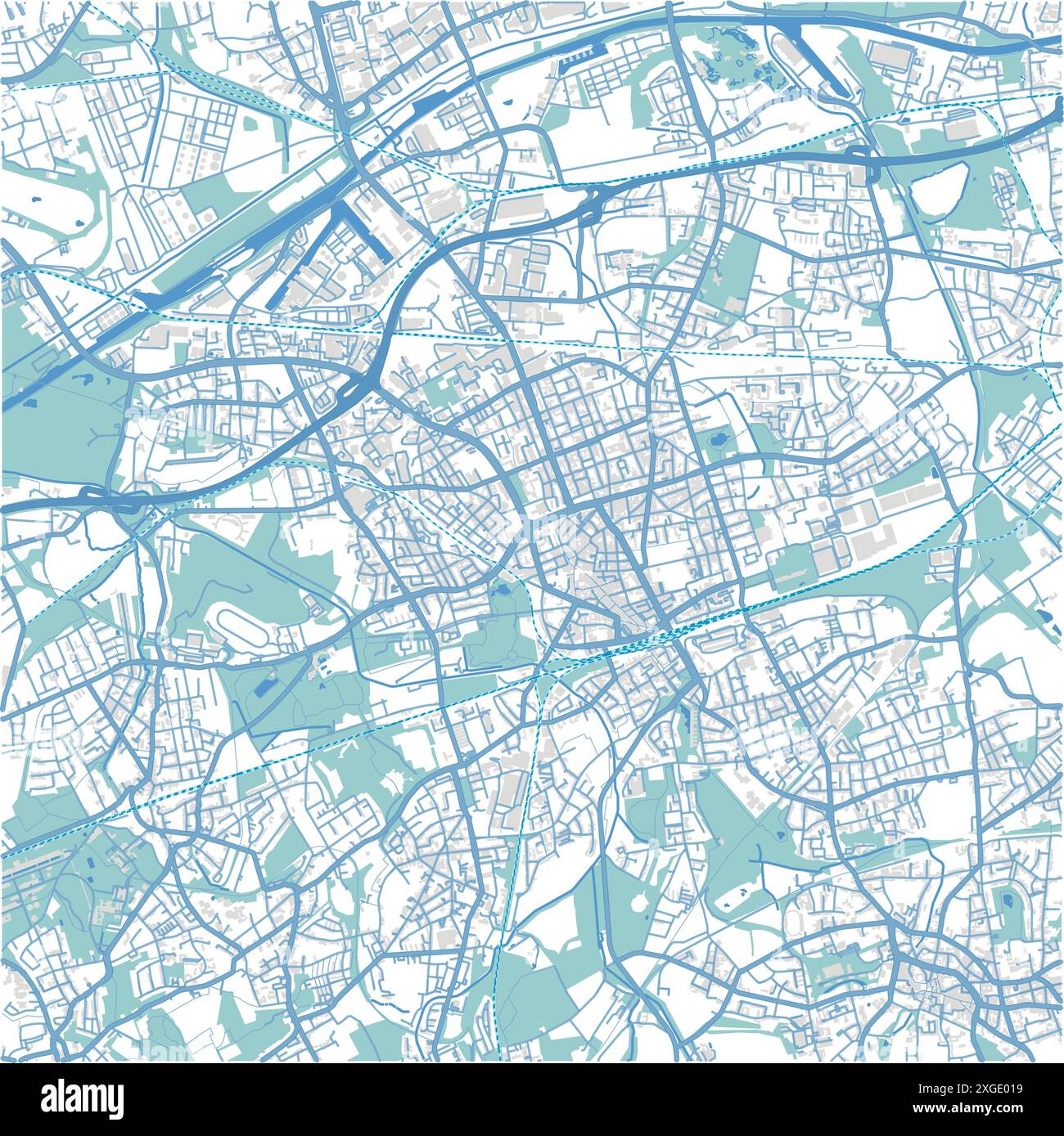 Map of Gelsenkirchen in Germany in blue style. Contains layered vector with roads water, parks ...