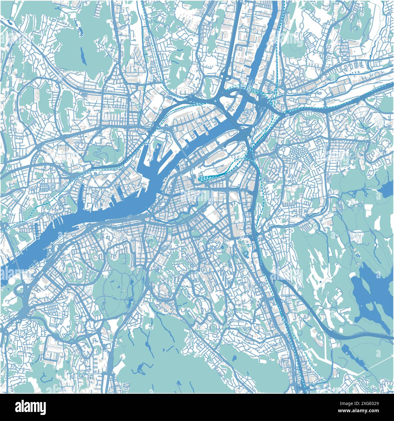 Map of Gothenburg in Sweden in blue style. Contains layered vector with roads water, parks, etc ...