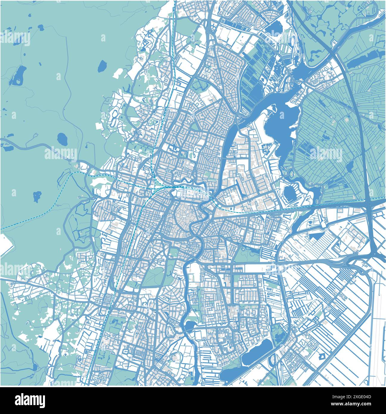 Map of Haarlem in Netherlands in blue style. Contains layered vector with roads water, parks ...
