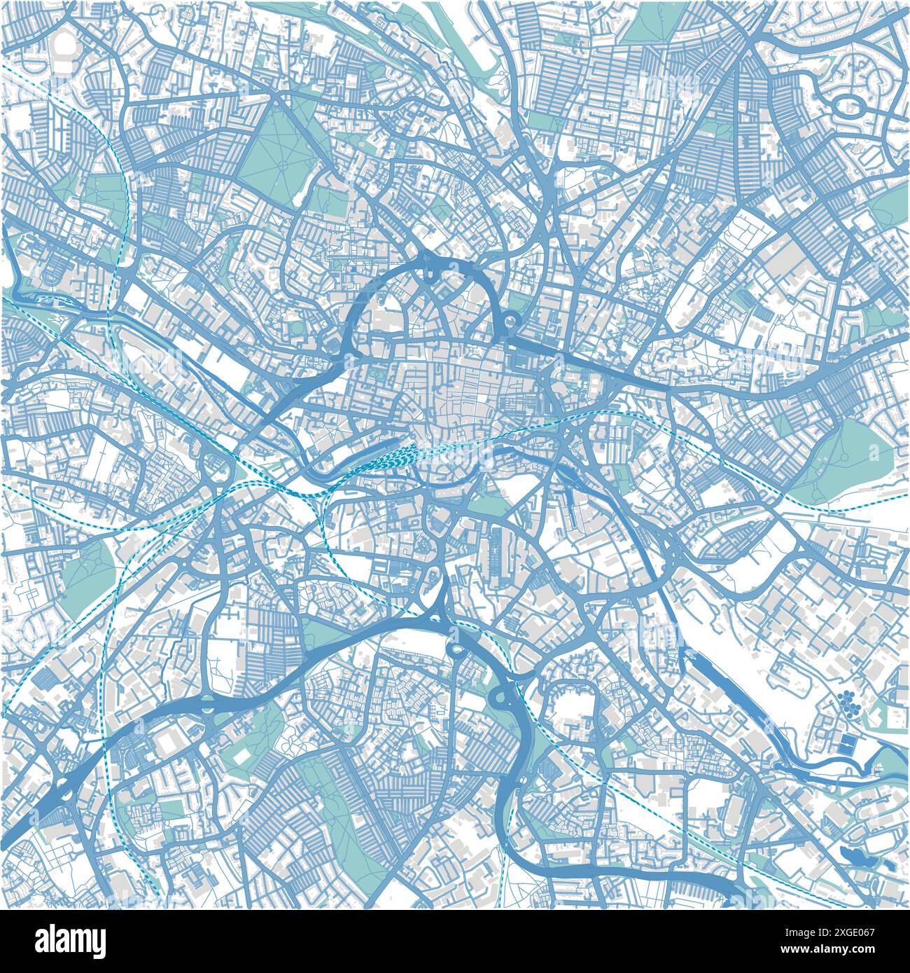 Map of Leeds in United Kingdom in blue style. Contains layered vector with roads water, parks ...