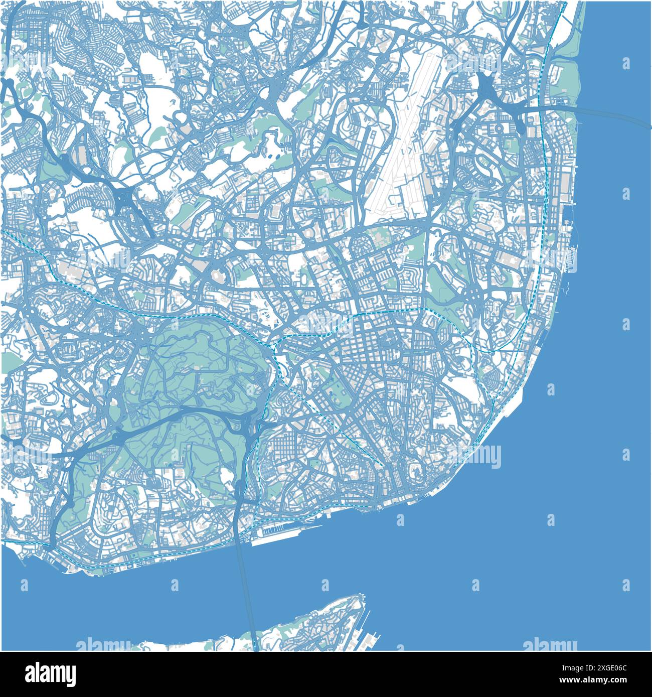 Map of Lisbon in Portugal in blue style. Contains layered vector with roads water, parks, etc ...
