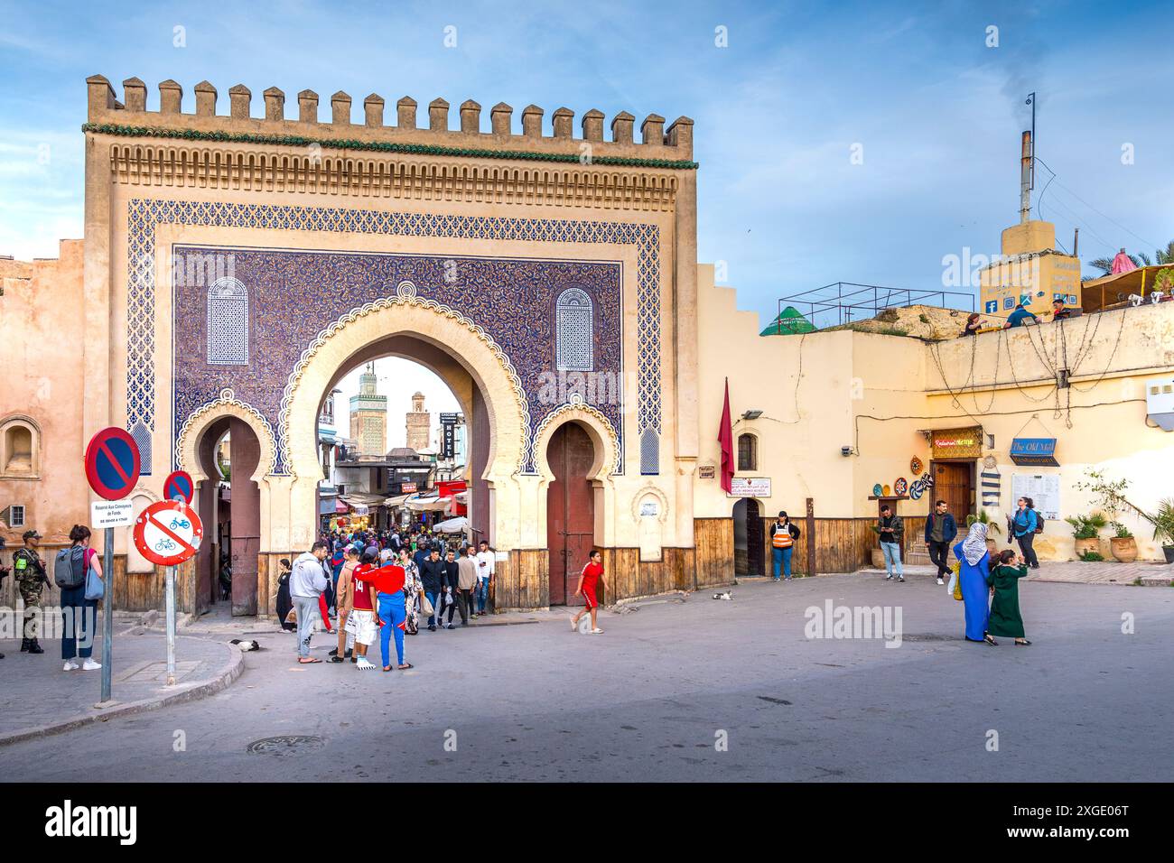 Fez, Morocco - March 17, 2024: View of the famous historic Bab Bou Jeloud gate. Is an ornate ...