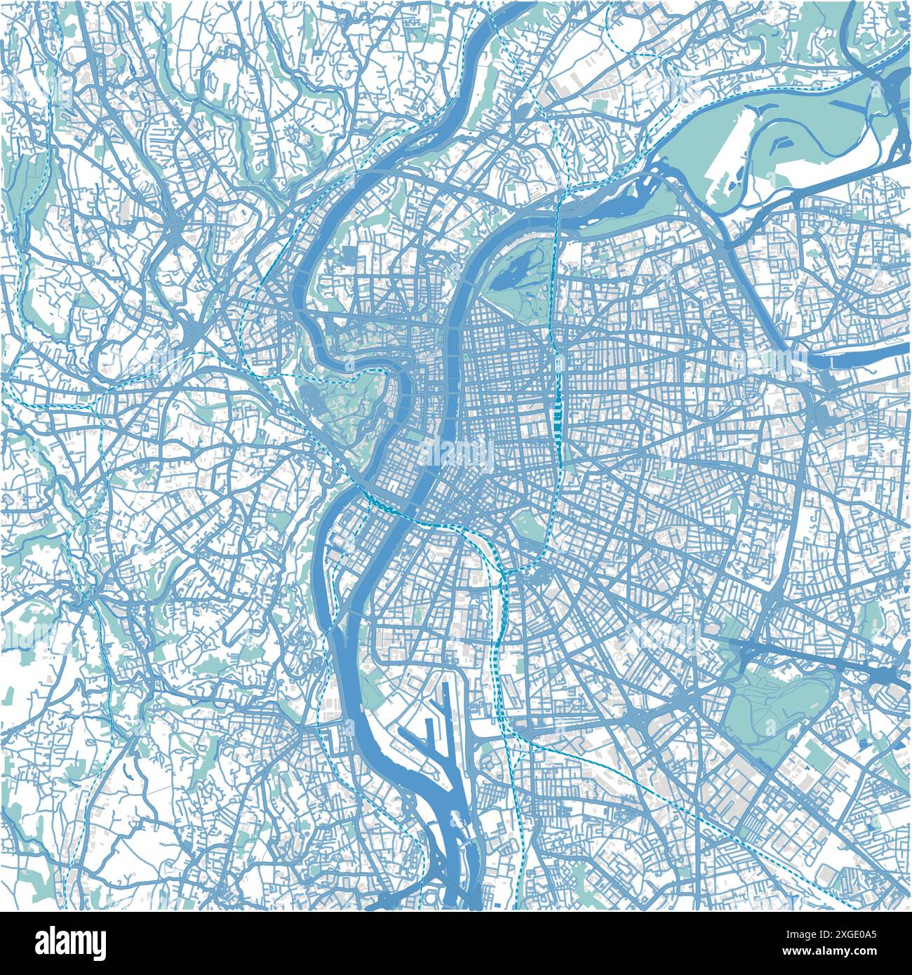 Map of Lyon in France in blue style. Contains layered vector with roads ...