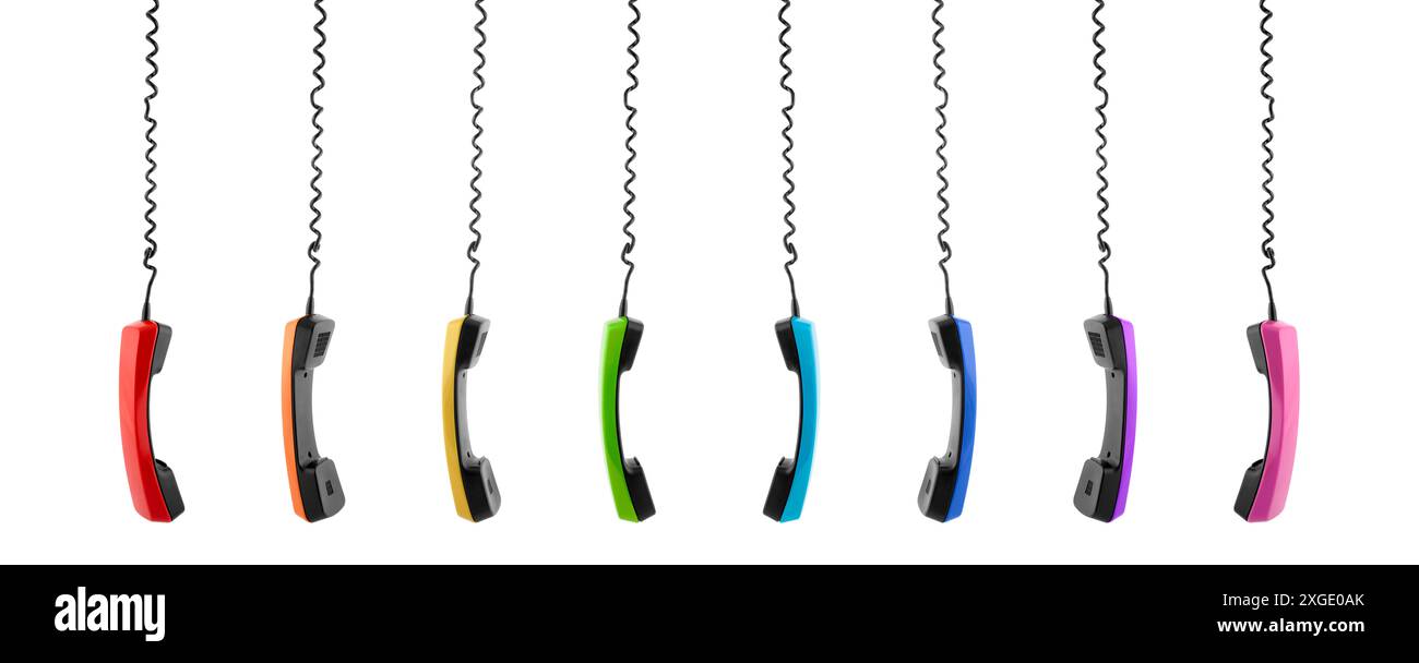 Group of retro colorful telephone receivers isolated on white ...