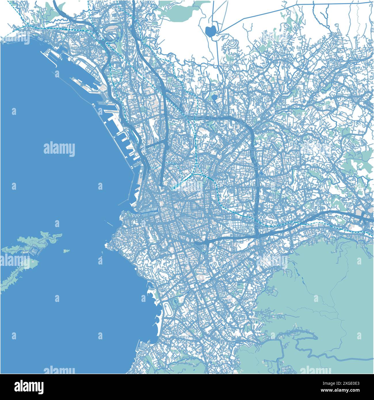 Map of Marseille in France in blue style. Contains layered vector with roads water, parks, etc ...