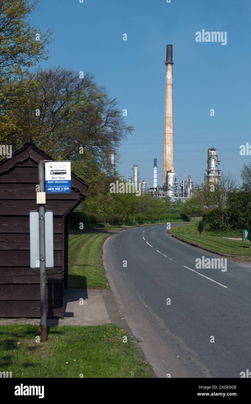 Stanlow oil refinery seen from bus stop at Thornton-le-Moors, Cheshire ...