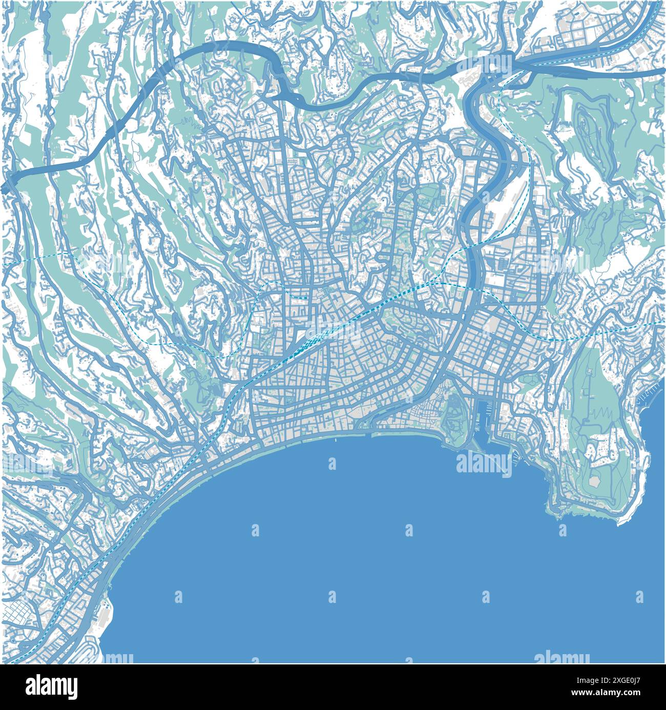 Map of Nice in France in blue style. Contains layered vector with roads ...