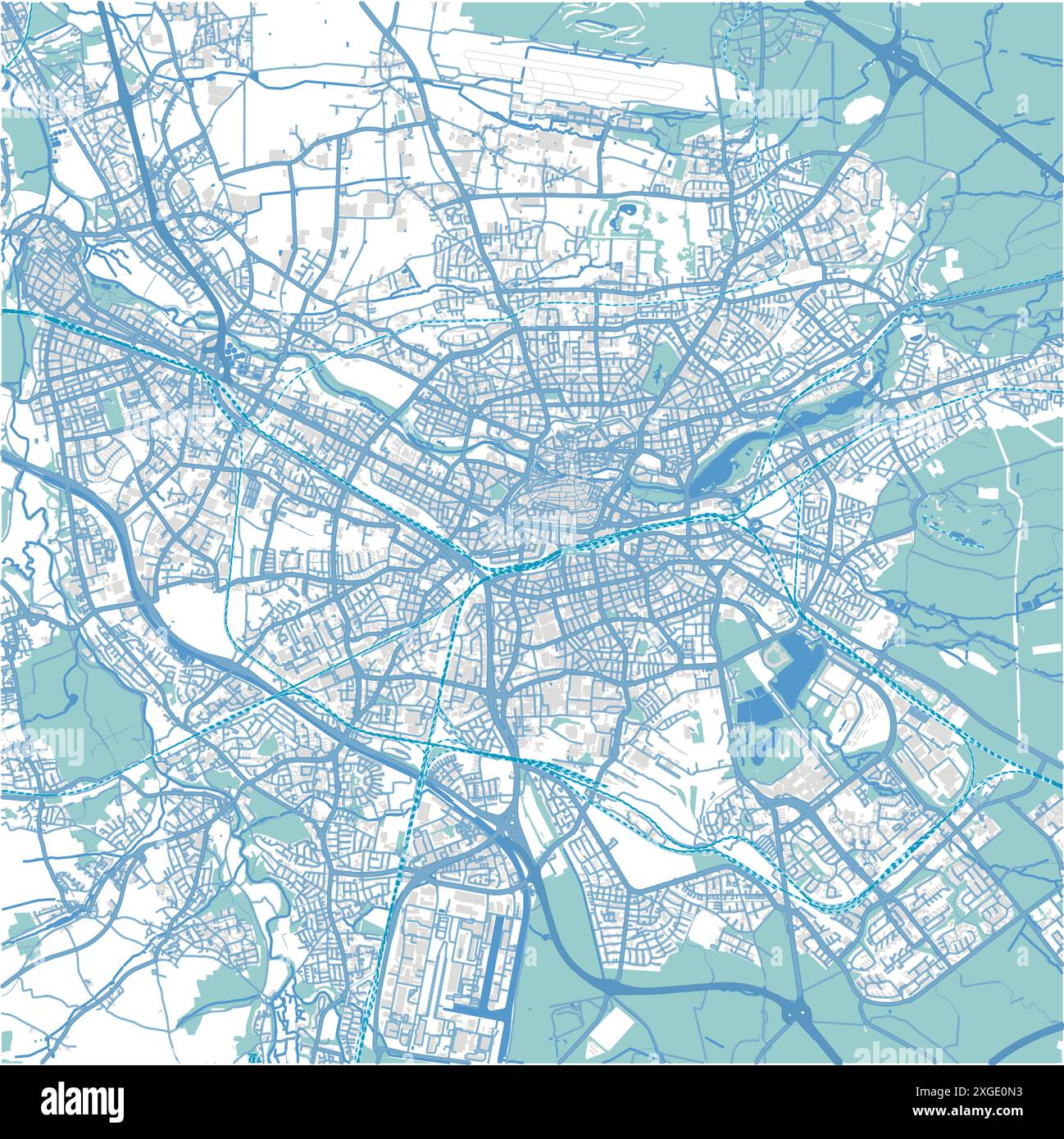 Map of Nuremberg in Germany in blue style. Contains layered vector with roads water, parks, etc ...