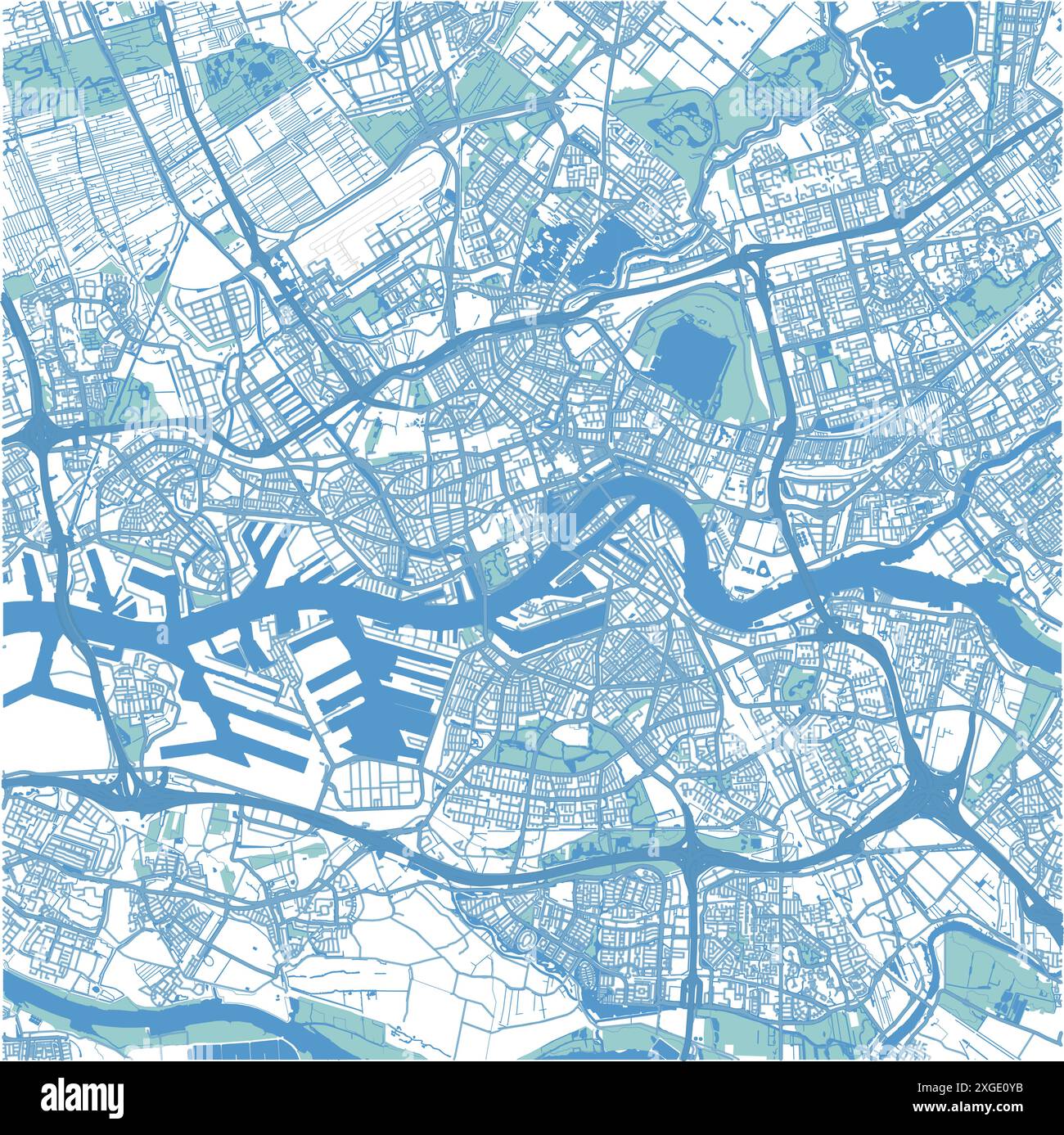 Map of Rotterdam in Netherlands in blue style. Contains layered vector with roads water, parks ...