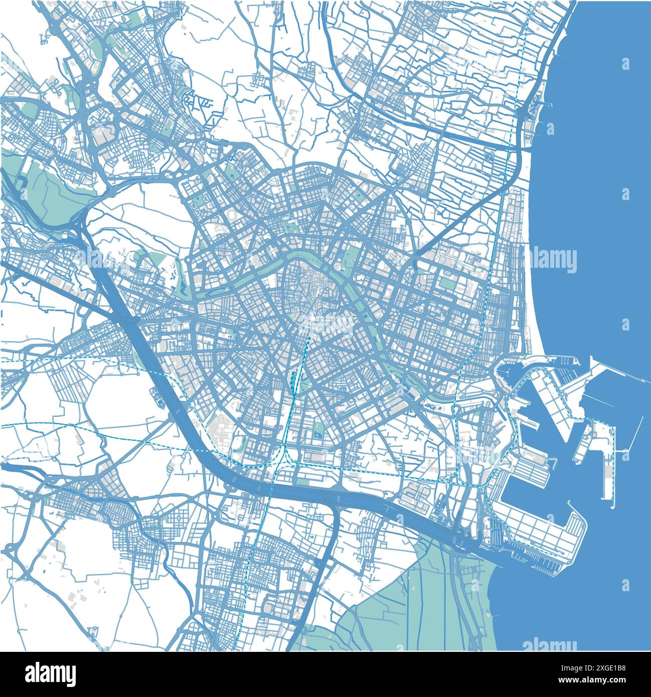 Map of Valencia in Spain in blue style. Contains layered vector with ...