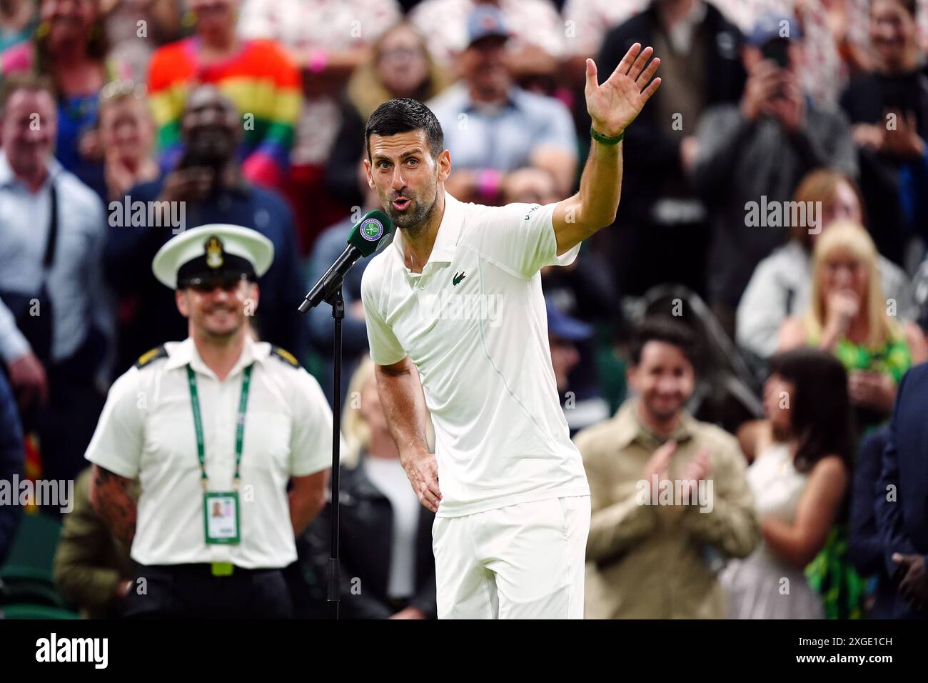 Novak Djokovic is interviewed on court after beating Holger Rune on day eight of the 2024 ...