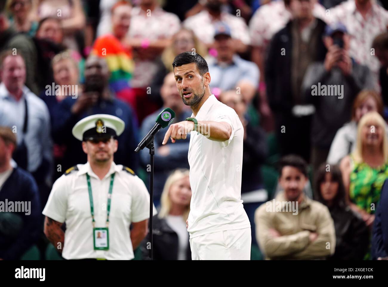 Novak Djokovic is interviewed on court after beating Holger Rune on day eight of the 2024 ...