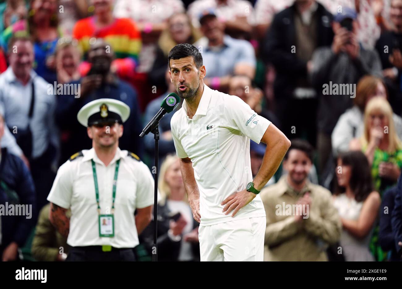 Novak Djokovic is interviewed on court after beating Holger Rune on day eight of the 2024 ...