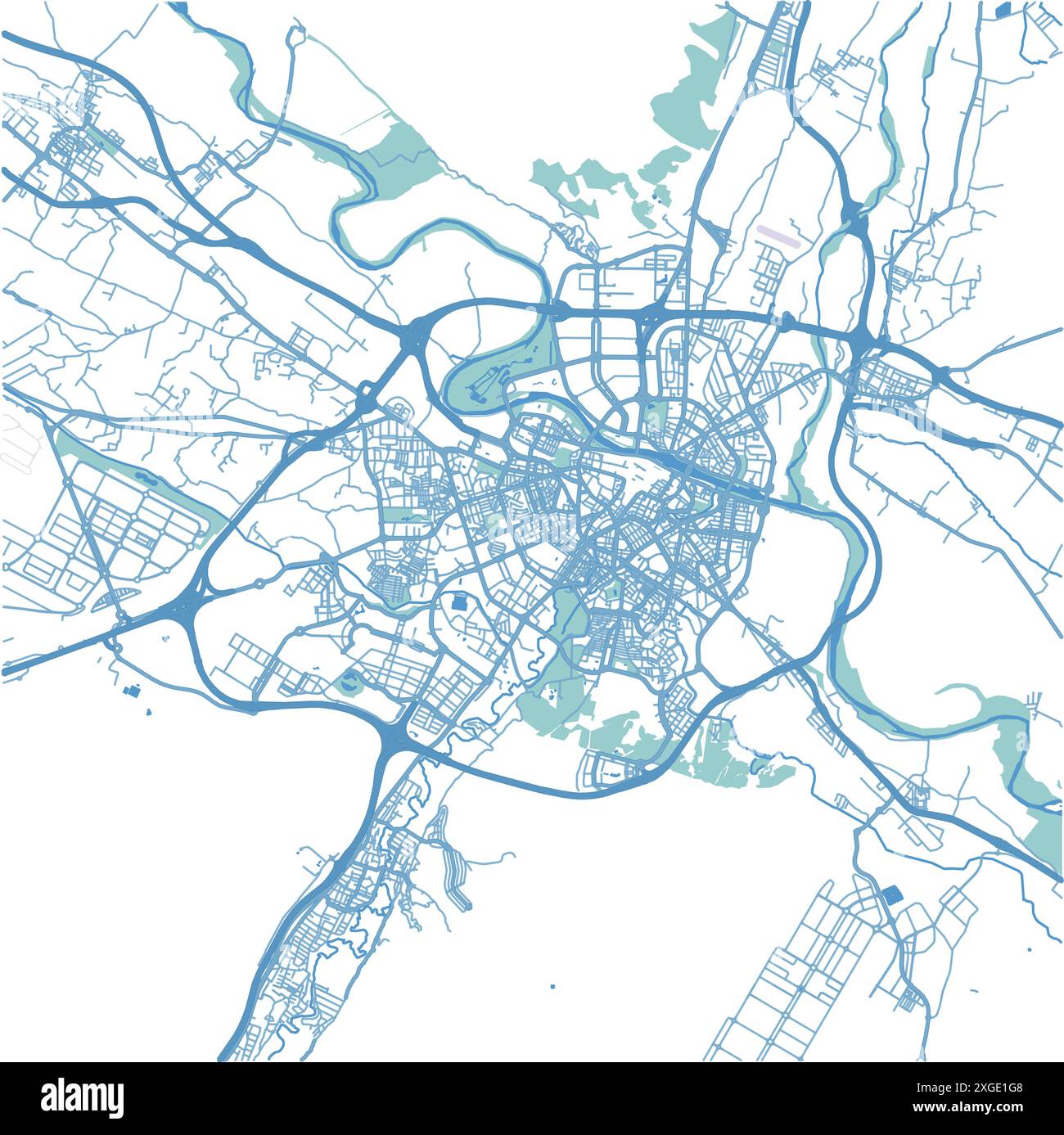 Map of Zaragoza in Spain in blue style. Contains layered vector with roads water, parks, etc ...