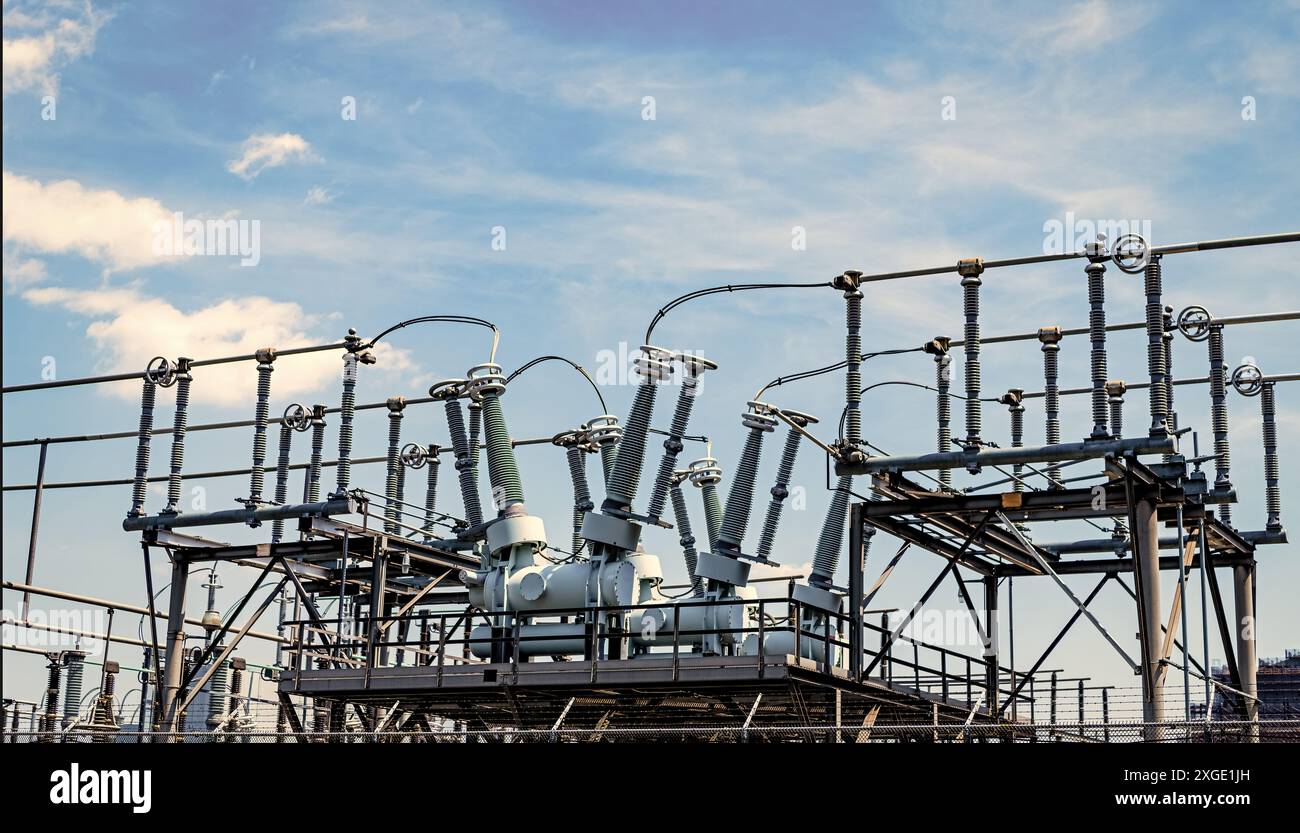 electricity power line transformer. voltage substation or transmission ...