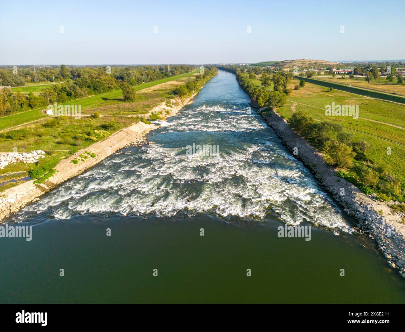 Aerial view of Sava river rapids, on the eastern side of Zagreb city ...