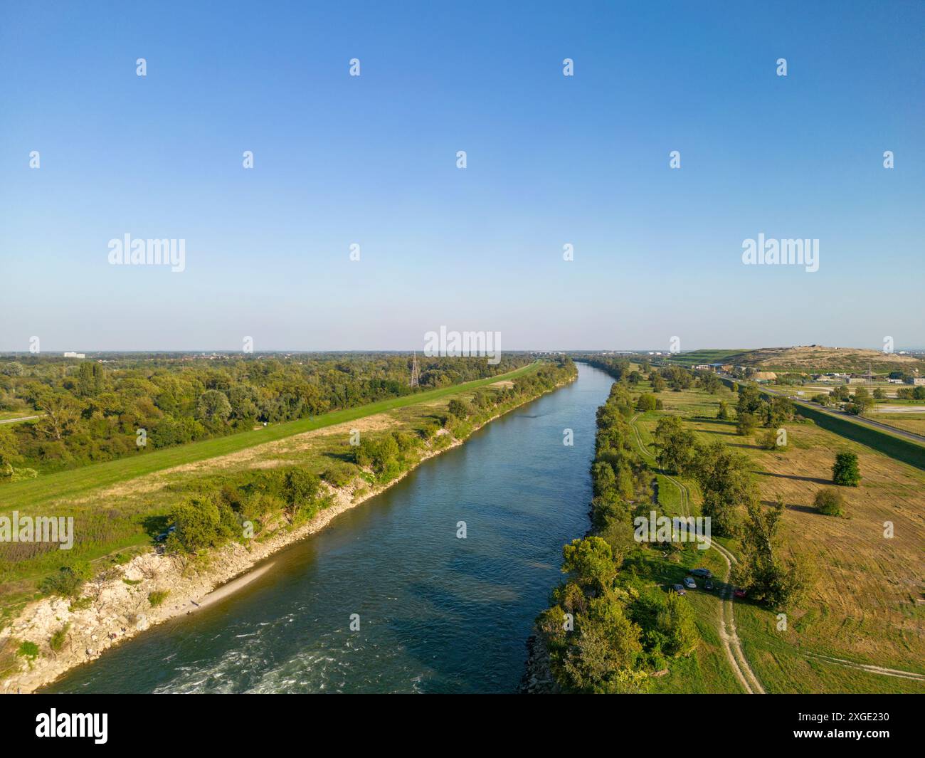Aerial view of Sava river rapids, on the eastern side of Zagreb city ...