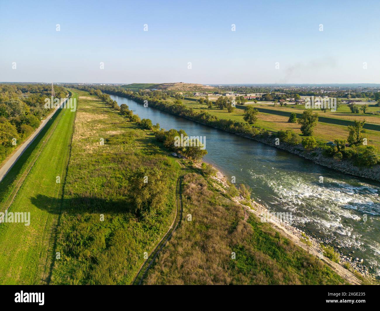 Aerial view of Sava river rapids, on the eastern side of Zagreb city ...
