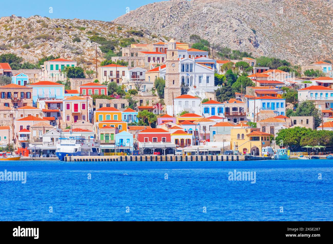 Seafront traditional houses, Halki Island, Dodecanese Islands, Greece ...