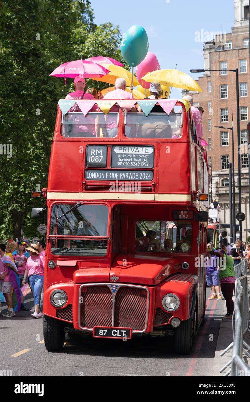 London Pride Parade 2024 destination on the front of a private hire bus by Traditional Travel ...