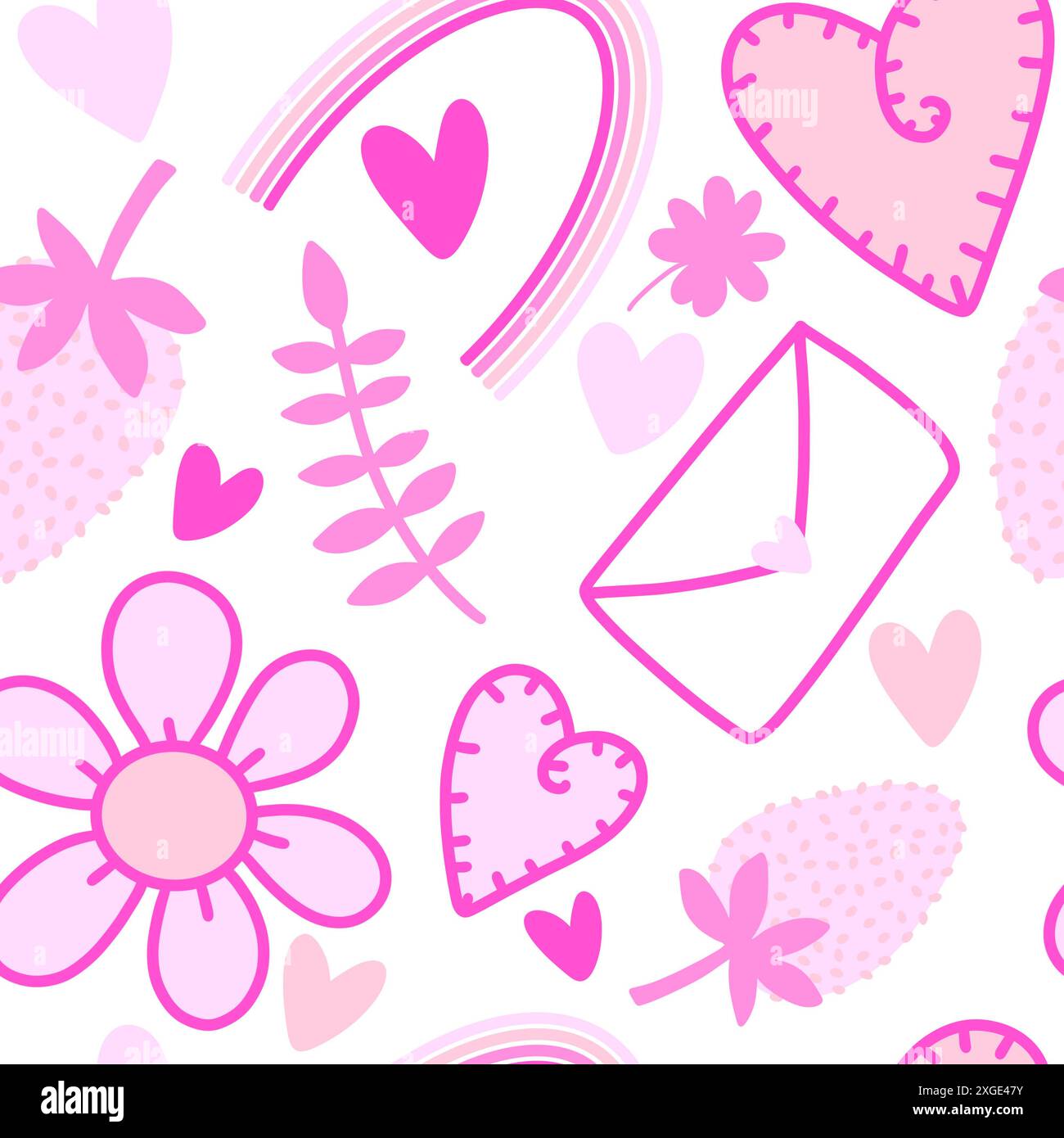 Cartoon doodle seamless cherry and strawberry and letters and rainbow ...