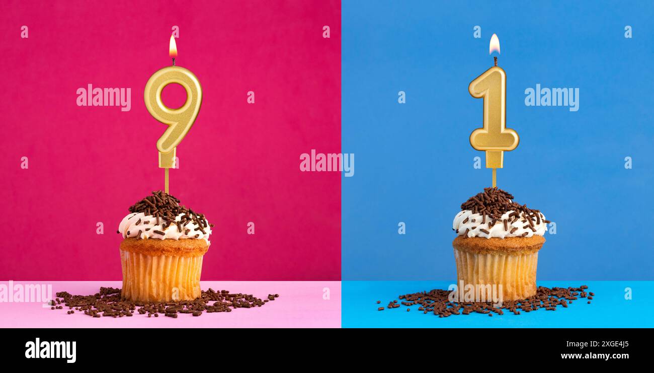 Birthday number 9 and number 1 in the candles with cupcakes Stock Photo ...